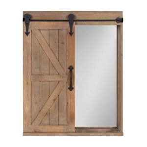 kate and laurel cates decorative wood wall storage cabinet with rectangle mirror and sliding barn door, 22 x 28, rustic brown, farmhouse decor for wall storage