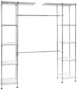 amazon basics expandable metal hanging storage organizer rack wardrobe with shelves, 57-80 x 14 x 72 inches (lxwxh), chrome