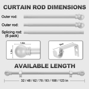 Authandis Silver Curtain Rods for Bedroom with Brackets,5/8 Inch Diameter Small Window Curtain Rod 32 to 123 Inches,Easy Install Drapery Rods