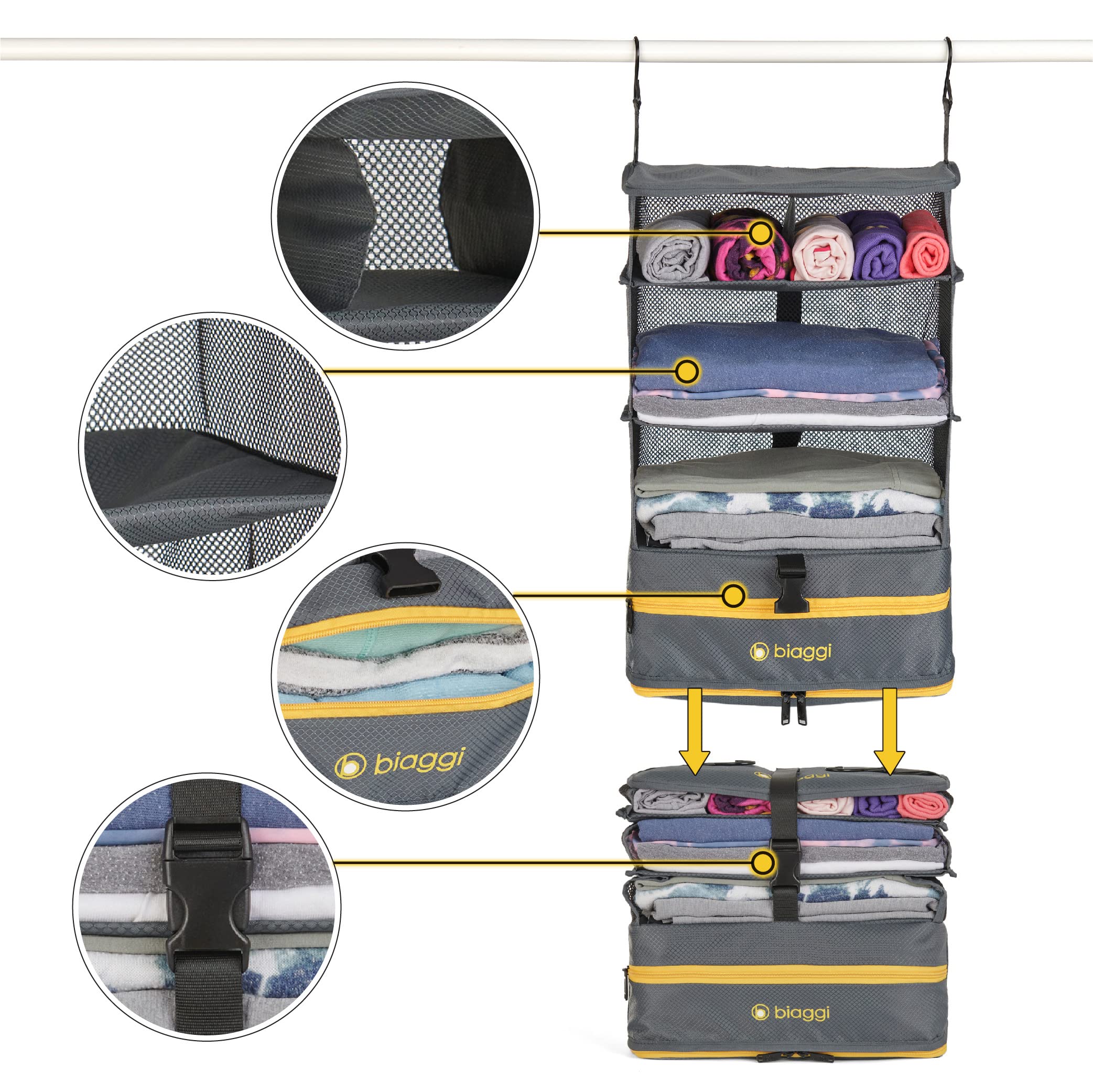 Biaggi Hangmates 3-Tiered ZipCube - Hanging Shelf Cube with Packing Compartments for Travel Organization - Lightweight and Durable - Dimensions 19” x 12” x 9” Opened - MEDIUM