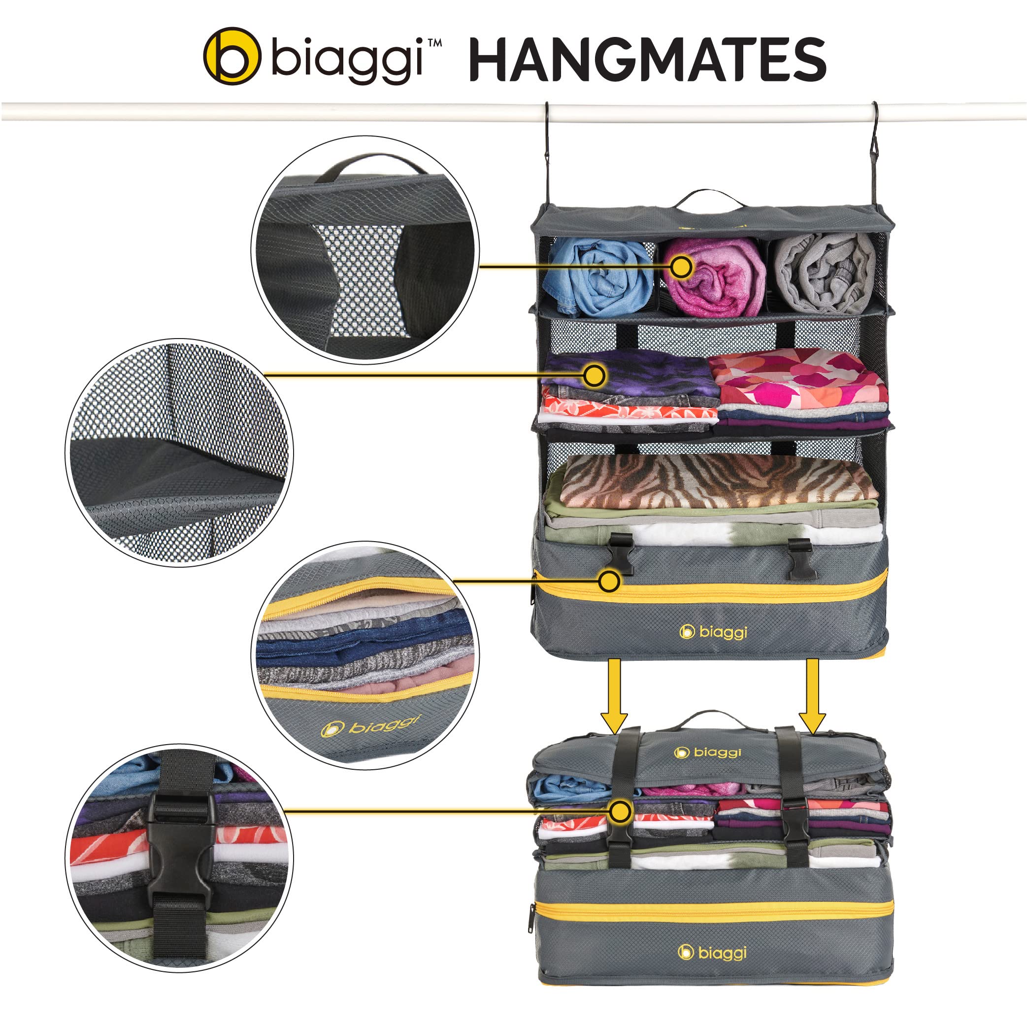 Biaggi Hangmates 3-Tiered ZipCube - Hanging Shelf Cube with Packing Compartments for Travel Organization - Lightweight and Durable - Dimensions 19” x 12” x 9” Opened - MEDIUM