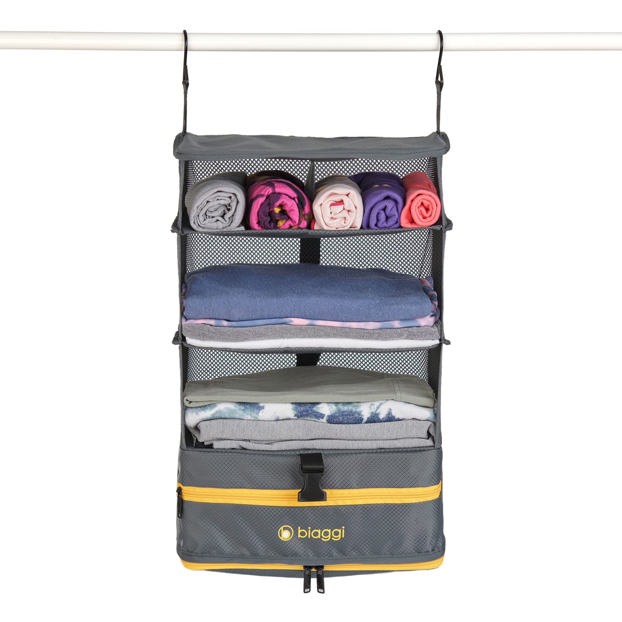 Biaggi Hangmates 3-Tiered ZipCube - Hanging Shelf Cube with Packing Compartments for Travel Organization - Lightweight and Durable - Dimensions 19” x 12” x 9” Opened - MEDIUM