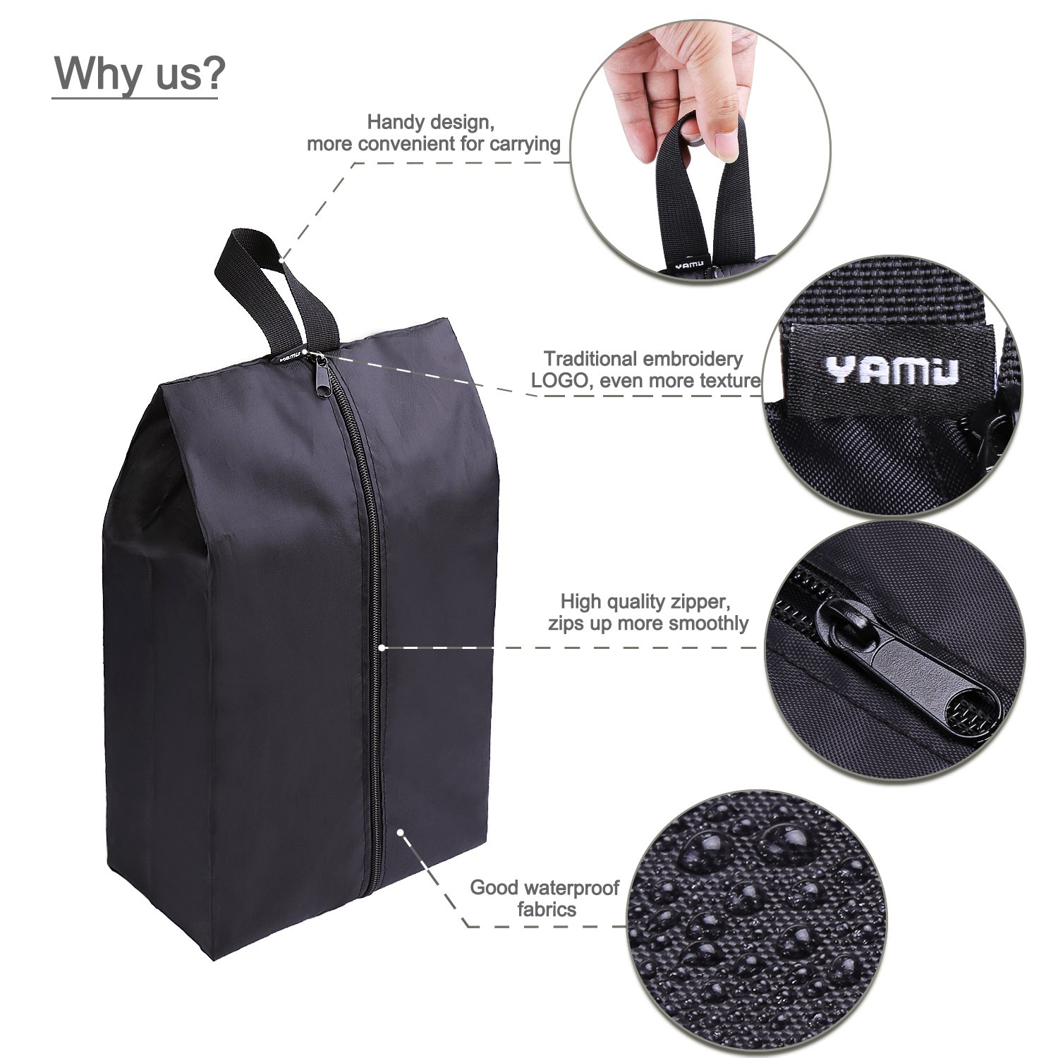 YAMIU Travel Shoe Bags Set of 4 Waterproof Nylon with Zipper for Men & Women, Black