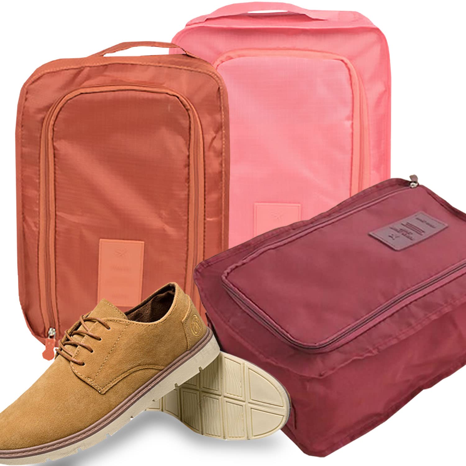 Travel Shoe Bag 3-Piece Set, Foldable Waterproof Shoe Bag Organizer For Packing, Travel Essentials For Flying, Shoe Travel Bag (Burgundy/Orange/Pink)