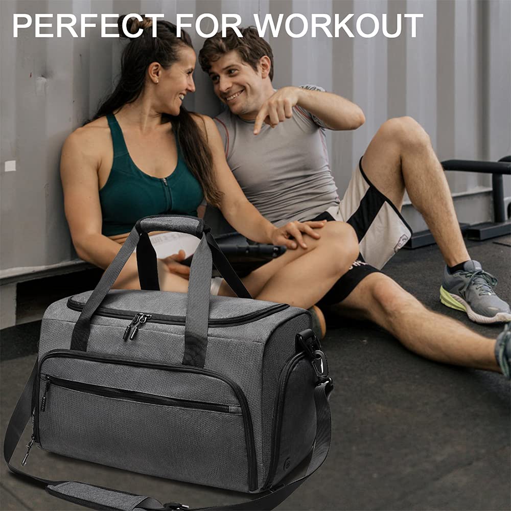 Gym Bag for Men Women, Small Fitness Workout Sports Duffle Bag with Wet Pocket & Shoes Compartment, Water Resistant Overnight Weekender Duffel Bag in Grey