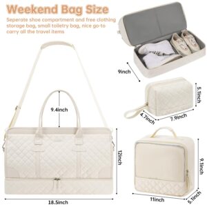 ETRONIK Weekender Overnight Bag for Women, Large Travel Duffle Bag with Shoe Compartment & Wet Pocket, Carry On Tote Bag Gym Duffel Bag with Toiletry Bag for Hospital 4 Pc Set, Large Size, Off-white