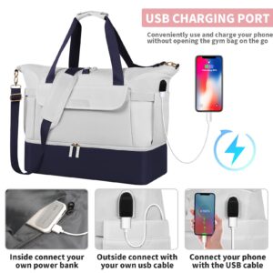 Gym Bag for Women, Sports Travel Duffel Bag with USB Charging Port, Weekender Overnight Bag with Wet Pocket and Shoes Compartment, Carry On Tote Bag Gym Yoga Duffel Bag for Men Women