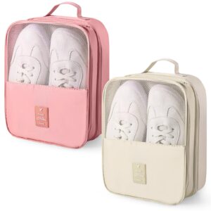 windyun 2 pcs shoe bags for travel holds 3 pair of shoes travel shoe bag for packing portable shoe cubes for travel and daily use(pink, beige)