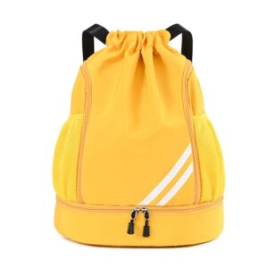 drawstring backpack sports gym bag with shoes compartment, waterproof draw string back bag for men women (yellow)