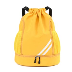 Drawstring Backpack Sports Gym Bag with Shoes Compartment, Waterproof Draw String Back Bag for Men Women (Yellow)