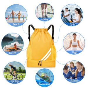 Drawstring Backpack Sports Gym Bag with Shoes Compartment, Waterproof Draw String Back Bag for Men Women (Yellow)