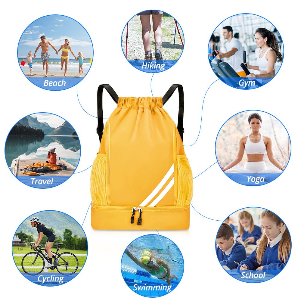 Drawstring Backpack Sports Gym Bag with Shoes Compartment, Waterproof Draw String Back Bag for Men Women (Yellow)