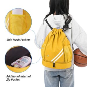 Drawstring Backpack Sports Gym Bag with Shoes Compartment, Waterproof Draw String Back Bag for Men Women (Yellow)