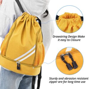 Drawstring Backpack Sports Gym Bag with Shoes Compartment, Waterproof Draw String Back Bag for Men Women (Yellow)