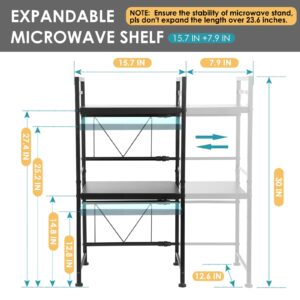 DOLALIKE Microwave Oven Rack, Expandable Microwave Stand Countertop Kitchen Utensils Tableware Storage, Carbon Steel Over Microwave Shelf Countertop with 3 Hooks