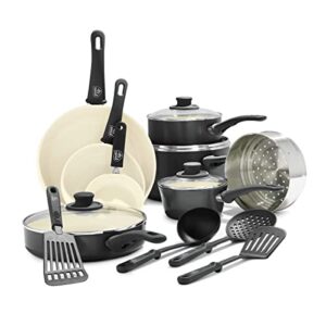 greenlife soft grip healthy ceramic nonstick 16 piece kitchen cookware pots and frying sauce saute pans set, pfas-free with kitchen utensils and lid, dishwasher safe, black and cream