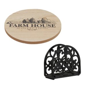 cast iron kitchen pantry ware bundle (2 piece set) in matte black ; includes napkin holder & farmhouse lazy susan | by home basics