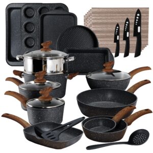 kitchen induction cookware & bakeware set - 30 piece black granite cooking pans set, non-stick pots and pans set