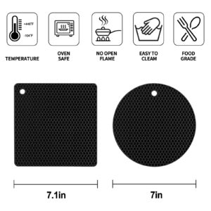 Silicone Trivets for Hot Dishes - 4 Heat Resistant Mats for Countertops, Multipurpose Non-Slip Hot Pads for Kitchen Potholders, Jar Opener, Spoon Holde, Food Grade Silicone（Black）