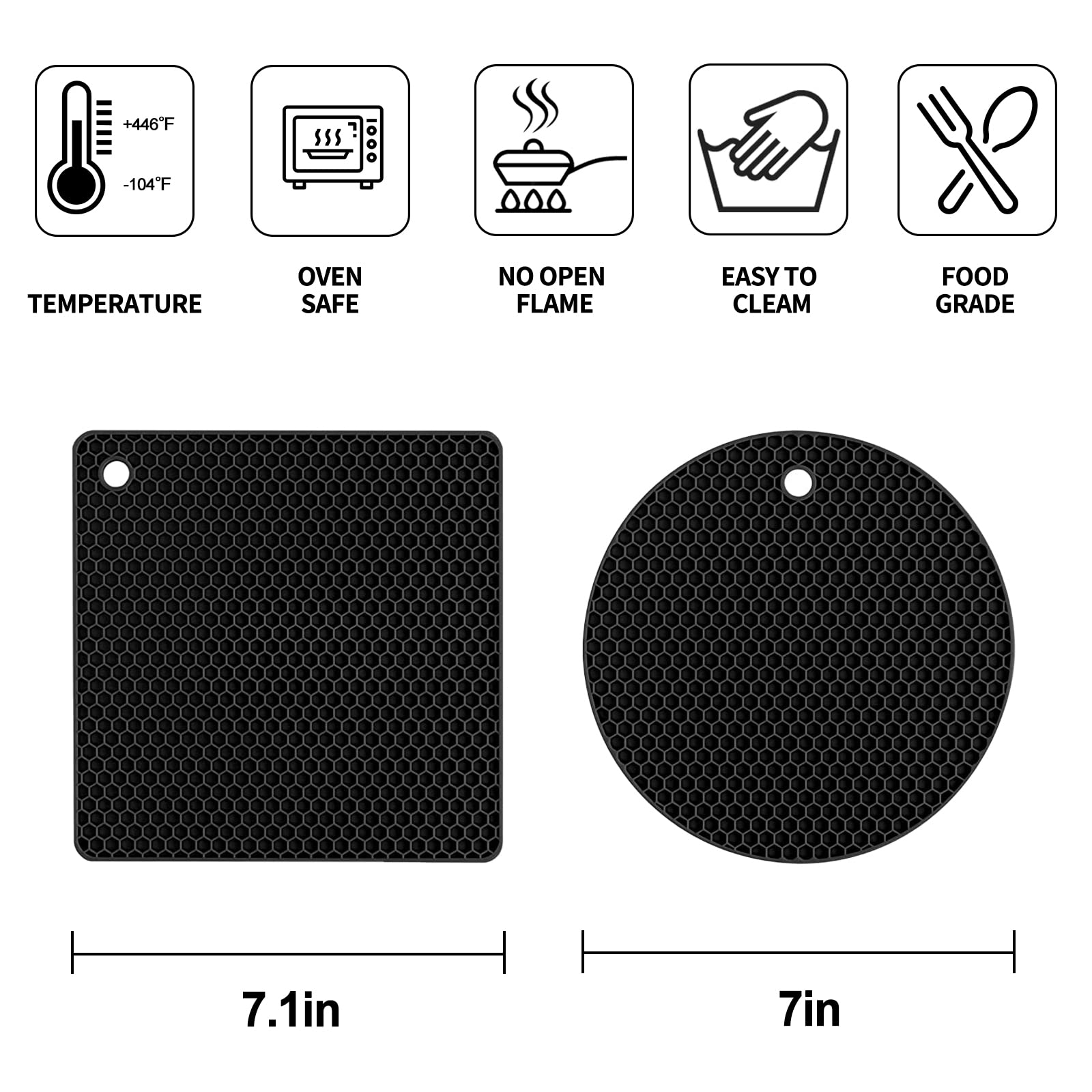 Silicone Trivets for Hot Dishes - 4 Heat Resistant Mats for Countertops, Multipurpose Non-Slip Hot Pads for Kitchen Potholders, Jar Opener, Spoon Holde, Food Grade Silicone（Black）