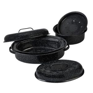 granite ware roasting set covered 13 in and 15 in oval roaster and 3 lb round roaster. enameled steel design to accomodate up to 7 lb and 10 lb poultry/roast. resists up to 932°f.