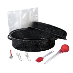 granite ware 19 in oval roaster set (10pcs), includes lid, rack, 2 pack brining bags, oven/grill-safe meat thermometer, turkey baster with silicone bulb, and a small brush.