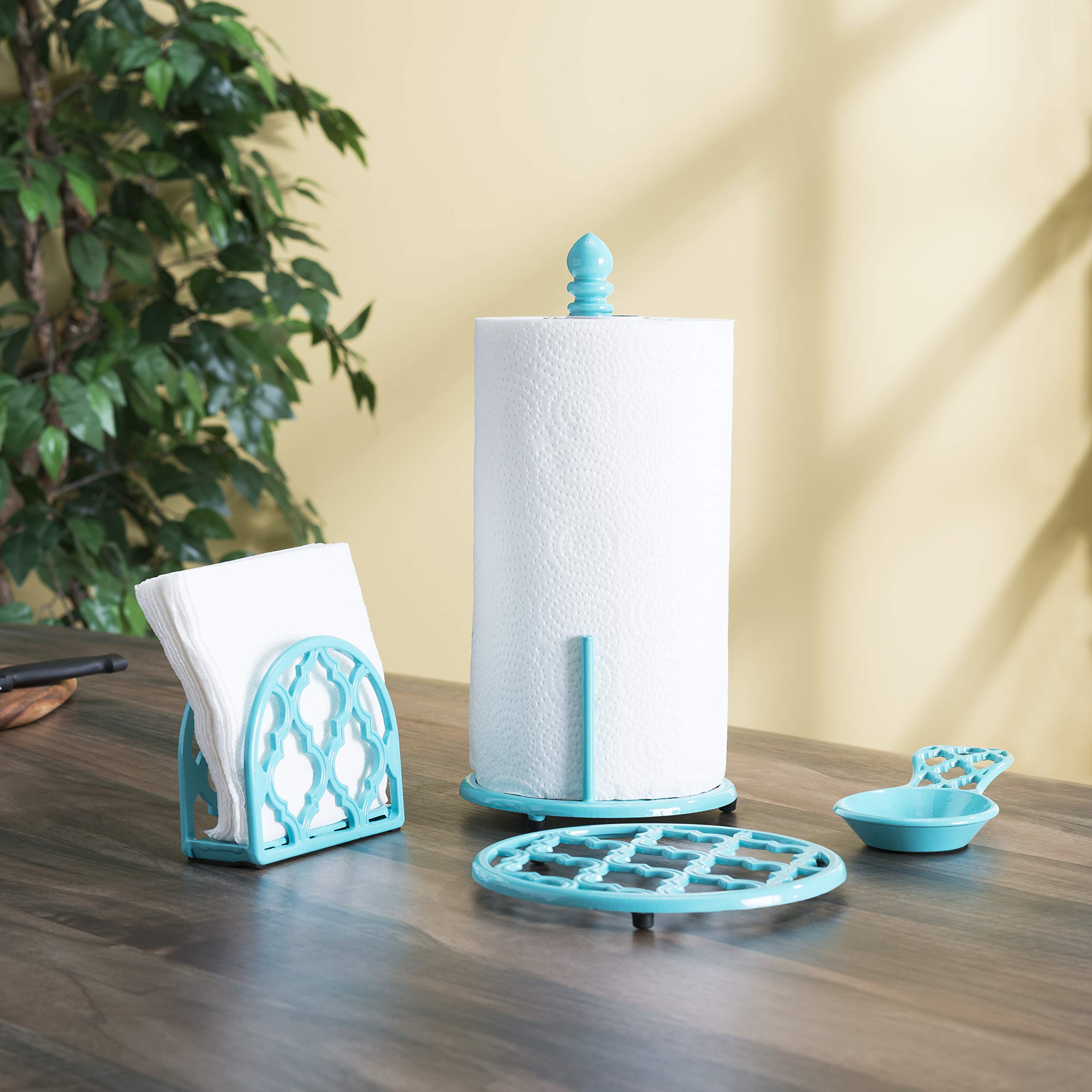 Cast Iron Kitchen Pantry Ware Bundle (3-Piece Set) Turquoise | includes Napkin Holder, 2 Trivets for Hot Pots and Pans | Lattice Collection | by Home Basics