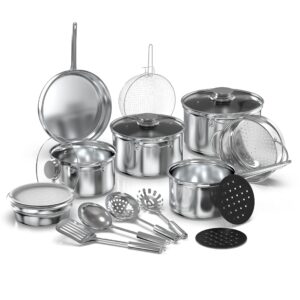 18-piece stainless steel kitchen cookware set, including saucepan, casseroles with tempered glass lid, frypan, steamer, salad bowl with cover, fryer basket, heat resistant mat & utensils set, silver