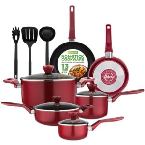 nutrichef 13-piece nonstick kitchen cookware set - heat resistant kitchenware pots and pans set w/saucepan, frying pans, cooking pots, casserole, lids, utensils - nccwa13