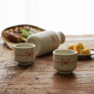 Sake Tokkuri and Sake Cups(2pcs) Set, 7.1 floz -Celebratory Collection-Japanese Sake Mino Ware Pottery with Gift Box, Made in Japan