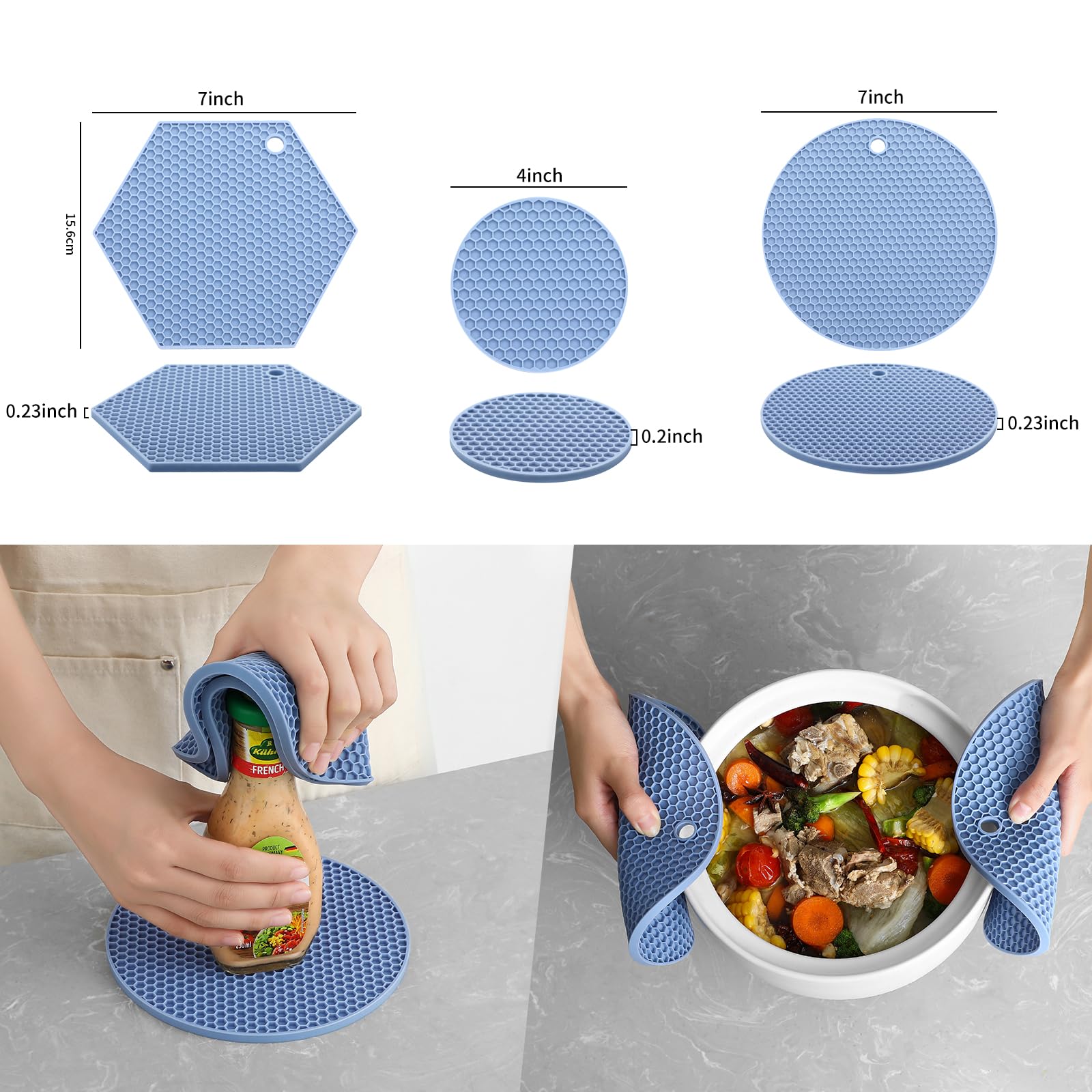 Silicone Trivet Mat, Kitchen Multipurpose countertop Protector Mat,Kettle,Pan,Cup,Bowls and Saucers,Heat Resistant Non-Slip Silicone Mat for Dining Table-Blue(Trivet Mat x 4+Coasters x 2)