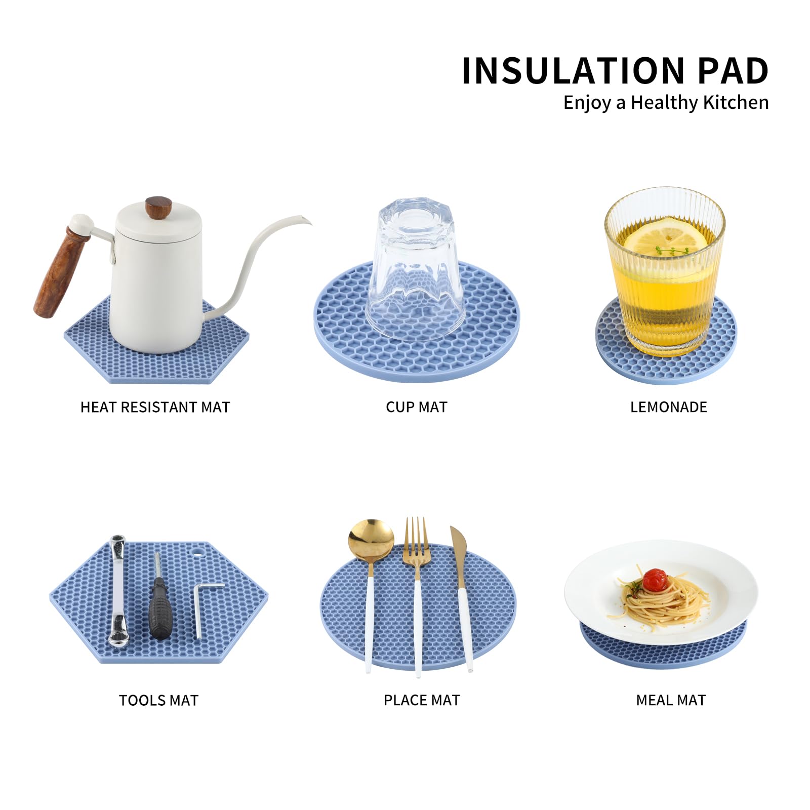 Silicone Trivet Mat, Kitchen Multipurpose countertop Protector Mat,Kettle,Pan,Cup,Bowls and Saucers,Heat Resistant Non-Slip Silicone Mat for Dining Table-Blue(Trivet Mat x 4+Coasters x 2)