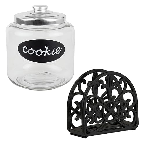 Home Basics Cast Iron Kitchen Pantry Ware Bundle (2 Piece Set) In Matte Black ; Includes Napkin Holder & Large Glass Cookie Jar With Metal Top