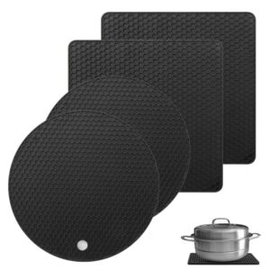 gaiamat silicone trivet mats, 4 pack 2 shape(2 squared+2 round) heat resistant pot holders set, silicone table mats large coasters for kitchen counter, tables, hot dishes, hot pats, pans(black)