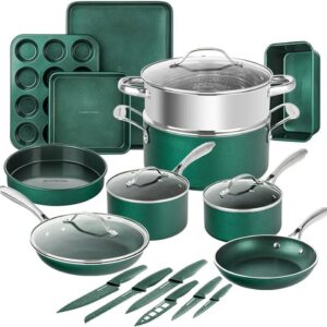 Granitestone 21 Pc Kitchen Pots and Pans Set Non Stick, Kitchen Cookware Sets, Pot and Pan Set, Nonstick Cookware Set, Diamond Coated Non Stick Pots and Pan Set, Dishwasher Safe - Green