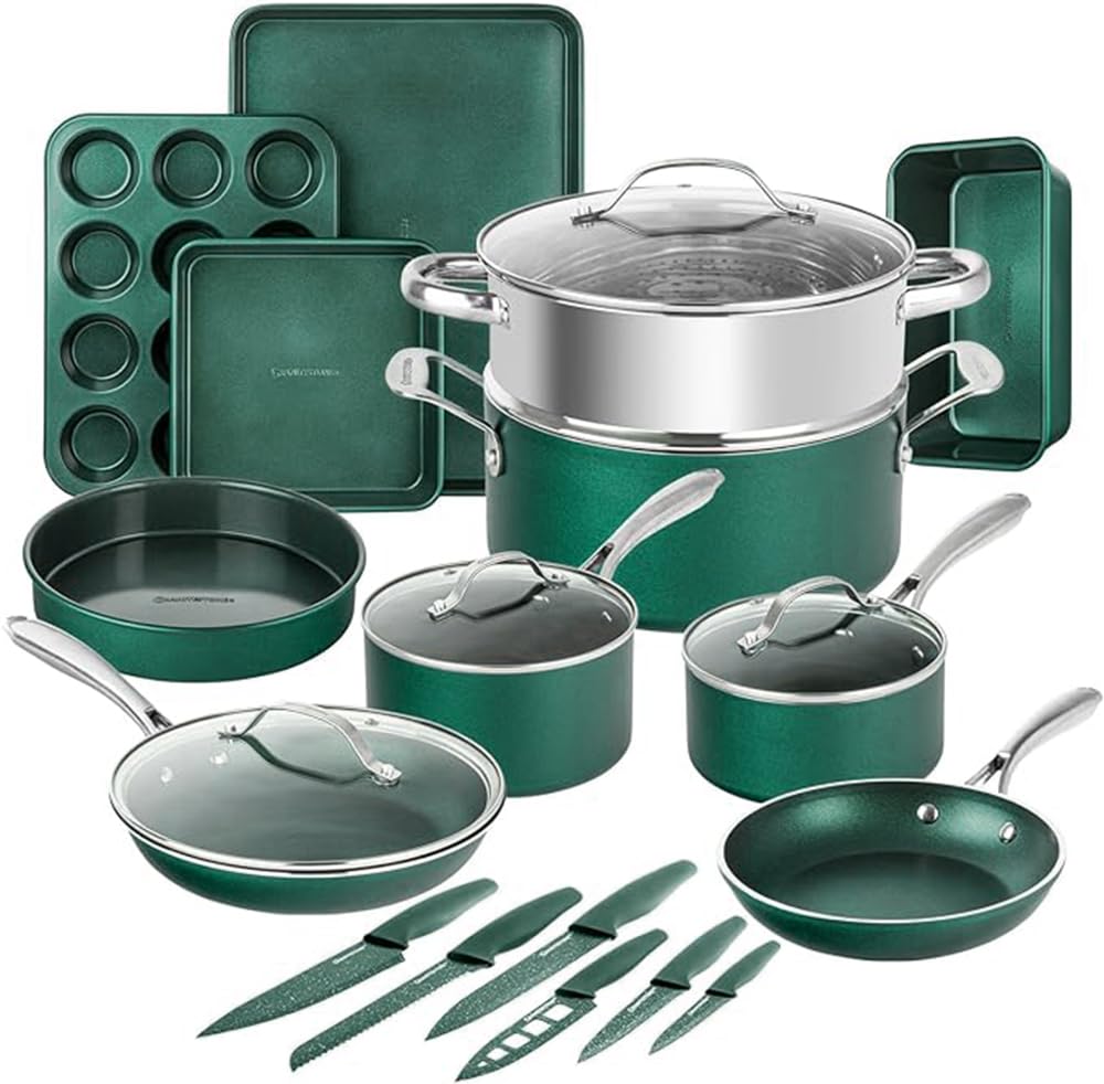 Granitestone 21 Pc Kitchen Pots and Pans Set Non Stick, Kitchen Cookware Sets, Pot and Pan Set, Nonstick Cookware Set, Diamond Coated Non Stick Pots and Pan Set, Dishwasher Safe - Green