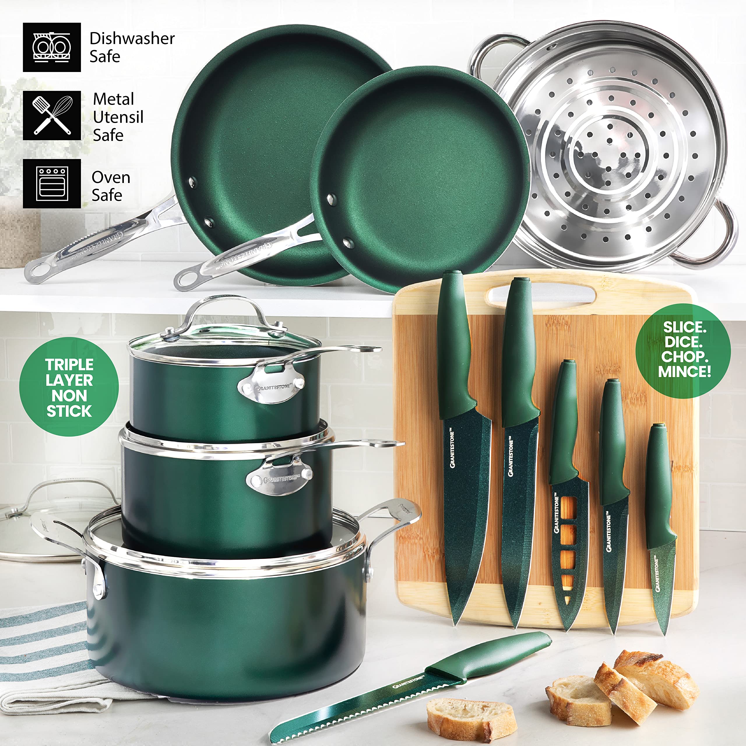 Granitestone 21 Pc Kitchen Pots and Pans Set Non Stick, Kitchen Cookware Sets, Pot and Pan Set, Nonstick Cookware Set, Diamond Coated Non Stick Pots and Pan Set, Dishwasher Safe - Green