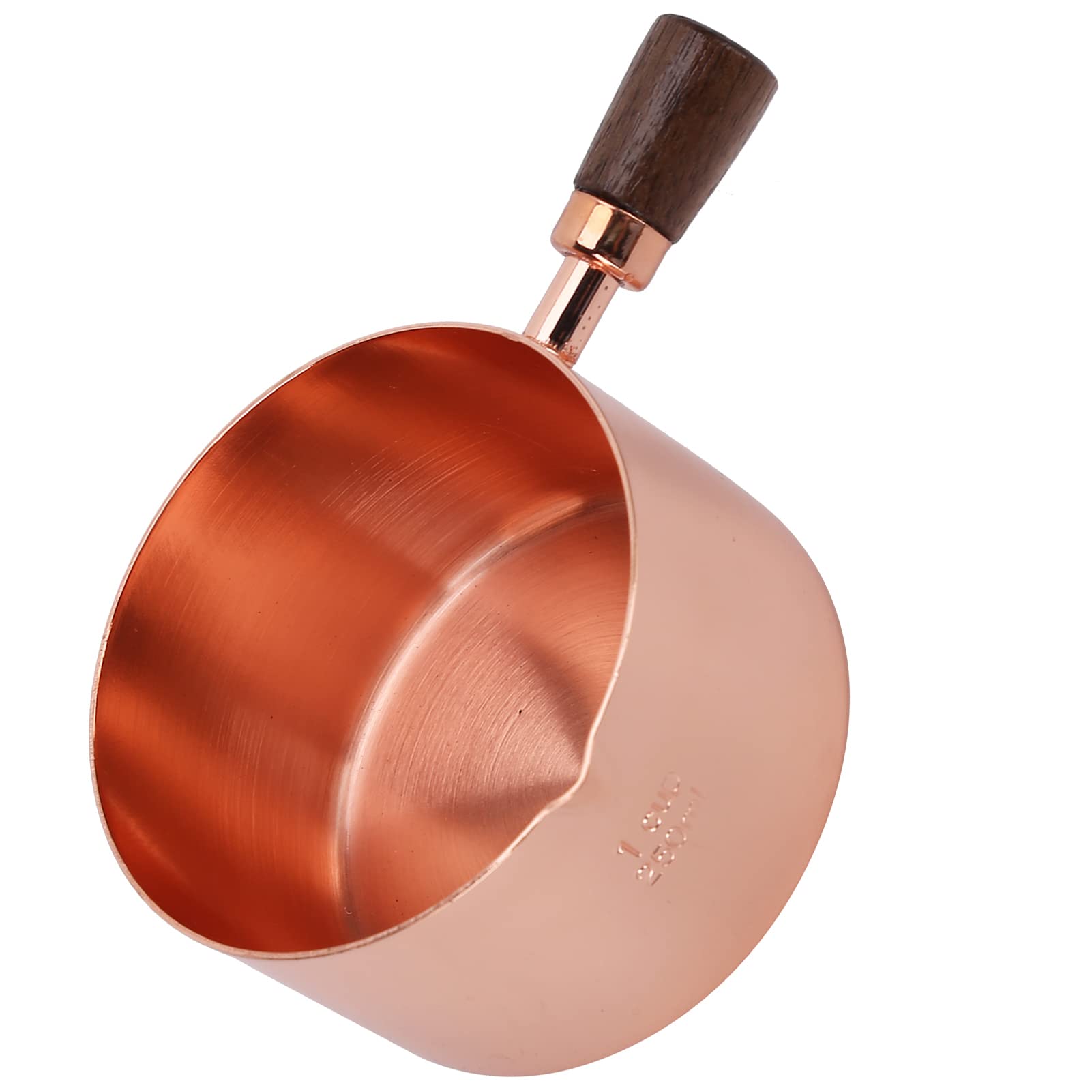 Wooden Handle Sauce Pan, Rose Gold Stainless Steel Sauce Pot Sauce Vinegar Saucer Measuring Cup for Cooking Kitchen Ware (1cup)