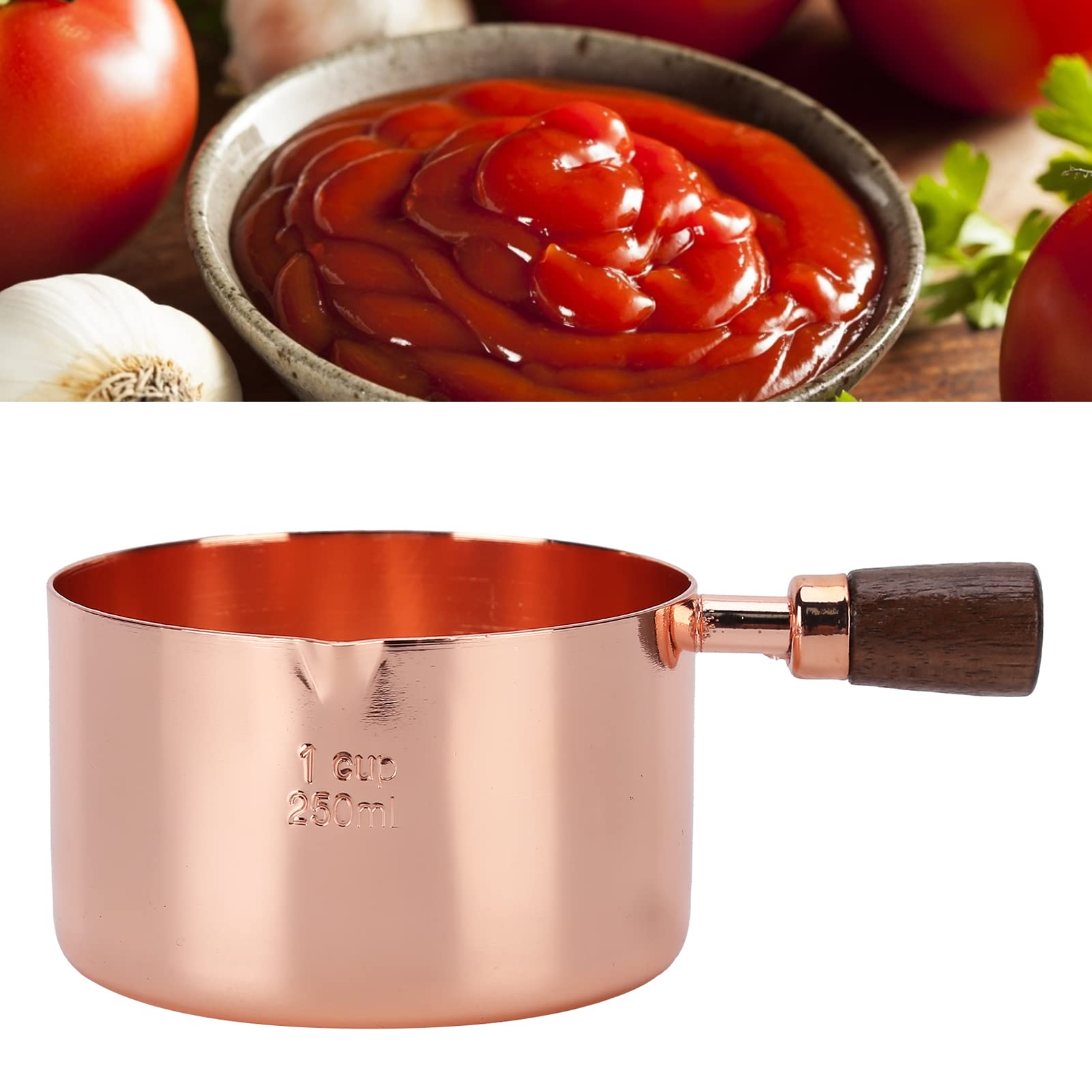 Wooden Handle Sauce Pan, Rose Gold Stainless Steel Sauce Pot Sauce Vinegar Saucer Measuring Cup for Cooking Kitchen Ware (1cup)