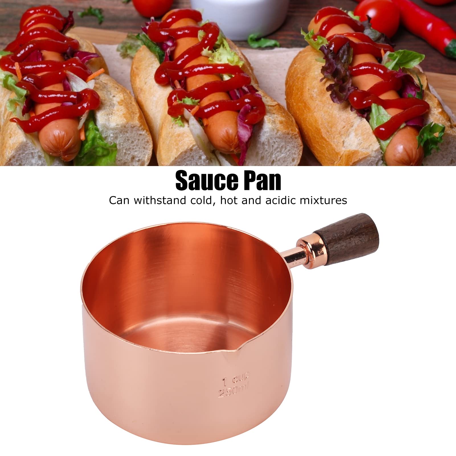 Sauce Pan Wooden Handle Sauce Pot Stainless Steel Small Saucepan with Pour Spout Rose Gold for Home Cooking Kitchen Ware (1cup)