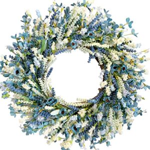 egolot 24 inch summer spring blue ivory lavender flower wreath for front door, rustic and farmhouse wild flowers wreath for inside and outside, coastal blue flower wreath for home decorating