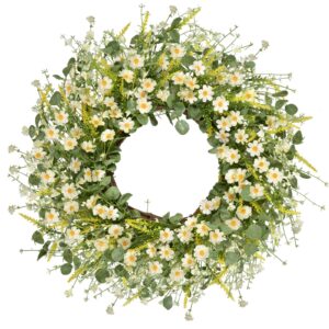 lskytop 24 inches artificial daisy flower wreath with eucalyptus leave silk flower white berries spring summer wreath for front door wall decor