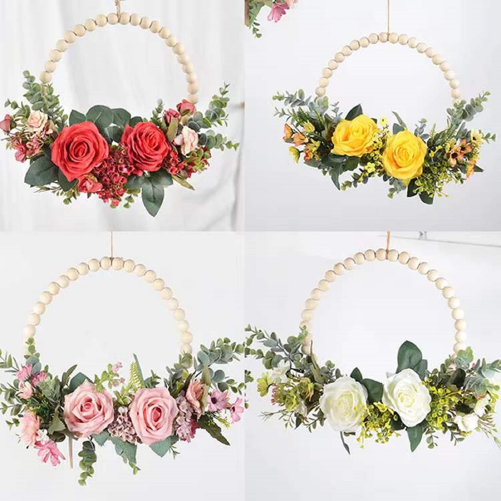 Artificial Flower Wreath,Wood Beads Rose Wreath, Indoor/Outdoor Farmhouse Wreaths for Front Door Decor