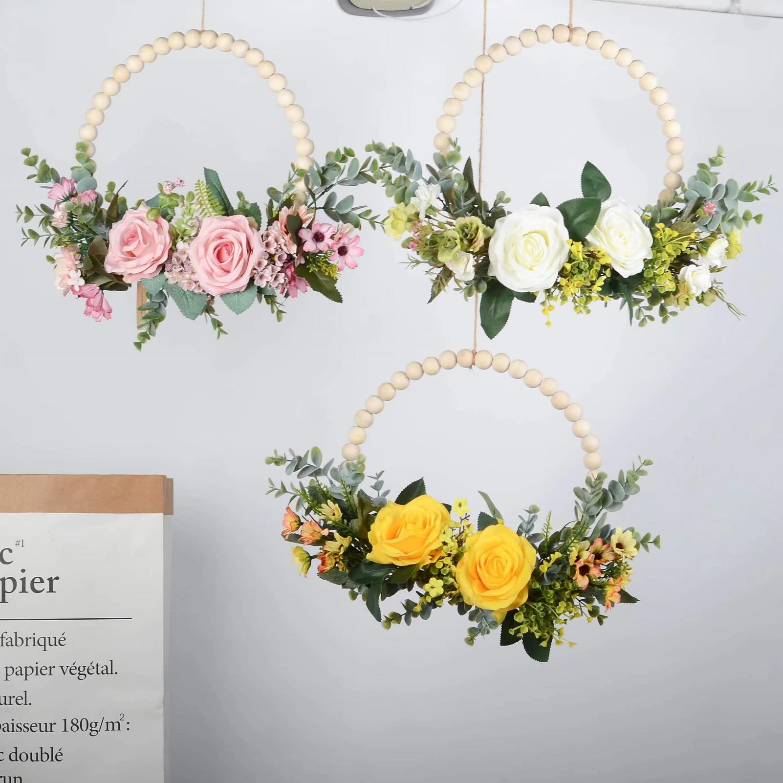 Artificial Flower Wreath,Wood Beads Rose Wreath, Indoor/Outdoor Farmhouse Wreaths for Front Door Decor