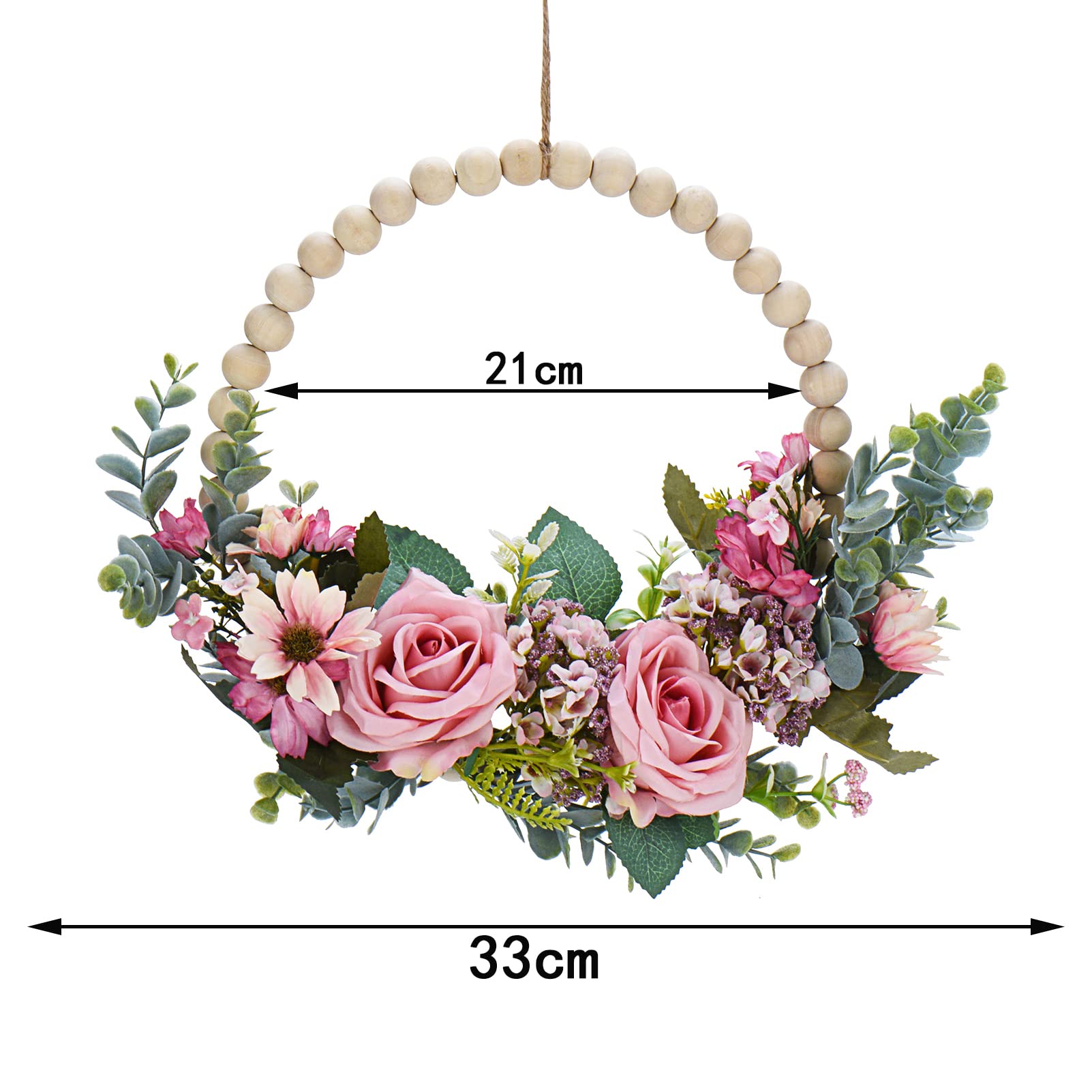 Artificial Flower Wreath,Wood Beads Rose Wreath, Indoor/Outdoor Farmhouse Wreaths for Front Door Decor