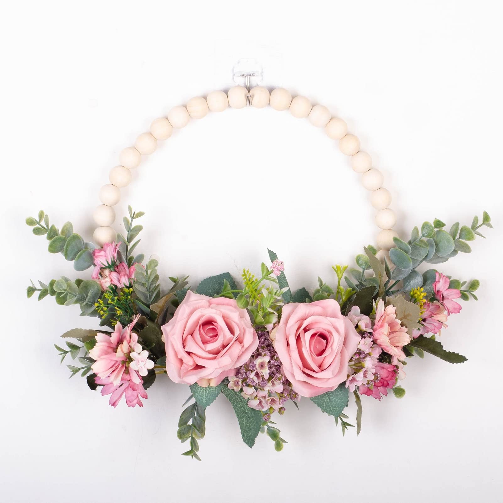 Artificial Flower Wreath,Wood Beads Rose Wreath, Indoor/Outdoor Farmhouse Wreaths for Front Door Decor