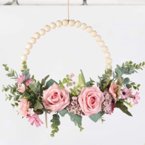 Artificial Flower Wreath,Wood Beads Rose Wreath, Indoor/Outdoor Farmhouse Wreaths for Front Door Decor