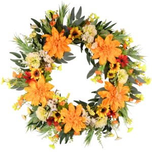 techken door wreath for spring summer dahlia wreath with blossom yellow & orange farmhouse wreath on grapevine for front door, wall, window wreath 22-24inch