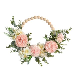 sldhfe artificial peony flower wreath,12.9in wood beads and eucalyptus wreath,eucalyptus wooden wreath for front door indoor outdoor decor boho wall decor