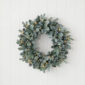 blue spruce 24" wreath with warm white led lights | pre-strung with 50 warm white led lights | indoor or covered outdoor